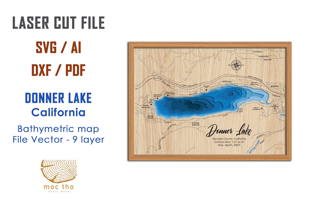 Digital File PDF, SVG - Donner Lake California Map, Bathymetric Depth ...
