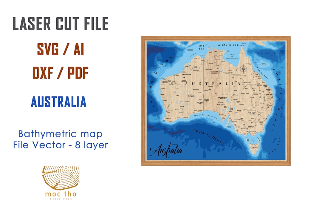 Digital File DXF, AI, SVG - Australia Wood Map Bathymatric Map , Custom ...