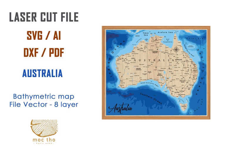 Digital File DXF, AI, SVG - Australia Wood Map Bathymatric Map , Custom ...