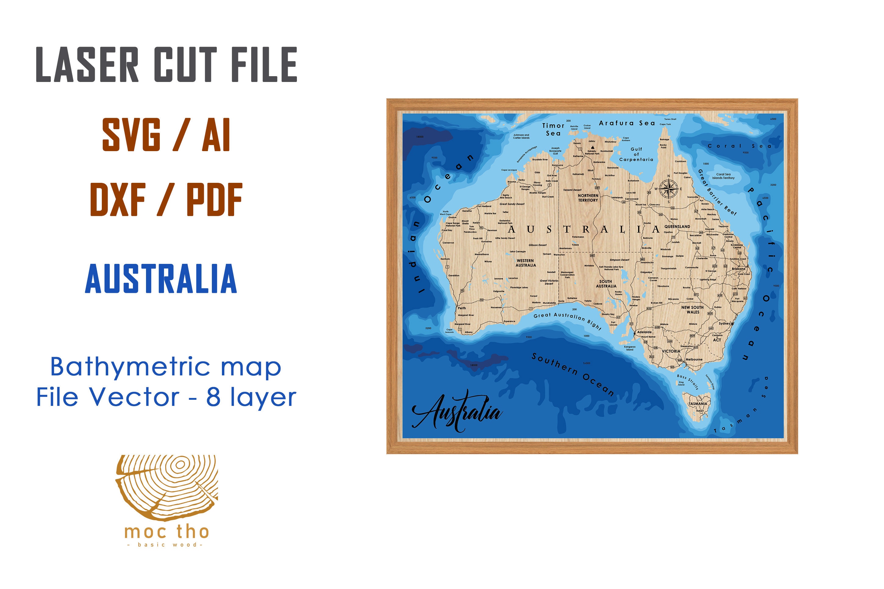 Digital File DXF, AI, SVG - Australia Wood Map Bathymatric Map , Custom ...