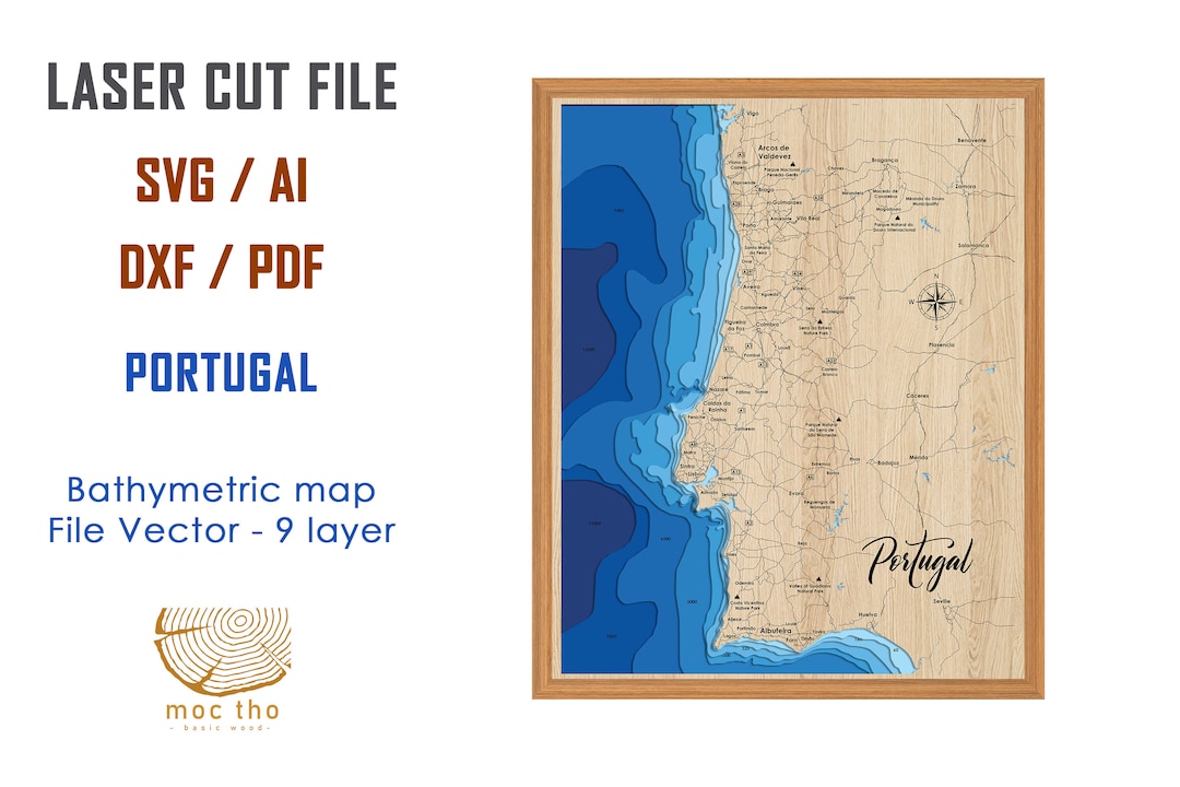 Digital File PDF, SVG - Portugal 3d Map, Bathymetric Depth Layers SVG ...