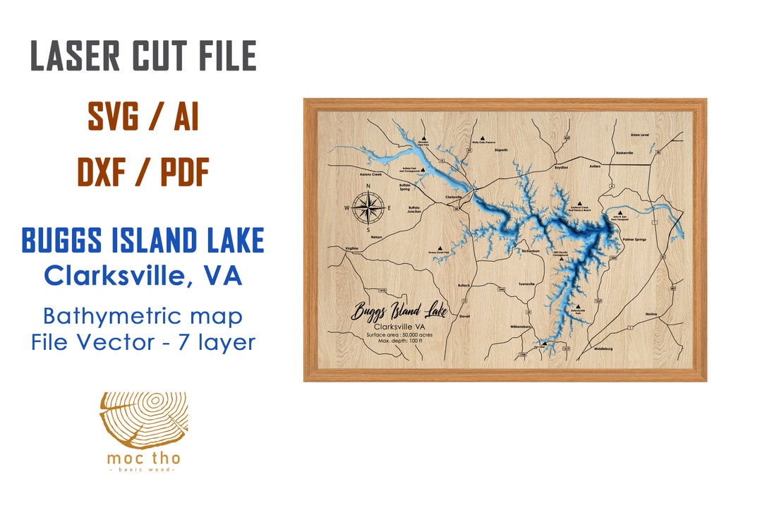 Digital File PDF, SVG - Buggs Island Lake Clarksville Va Bathymetric ...