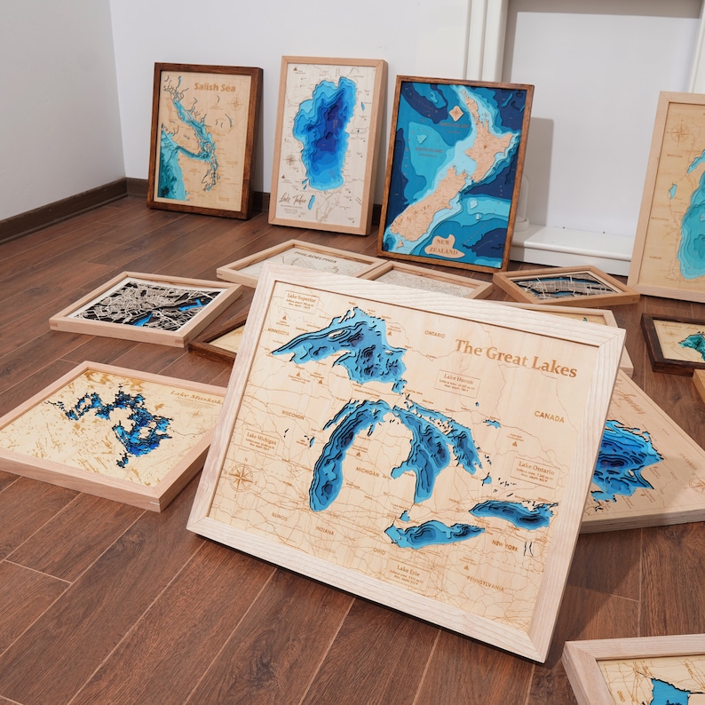 The Great Lakes Map Wood - Custom 3D Map Wood Bathymatric Map, Custom ...
