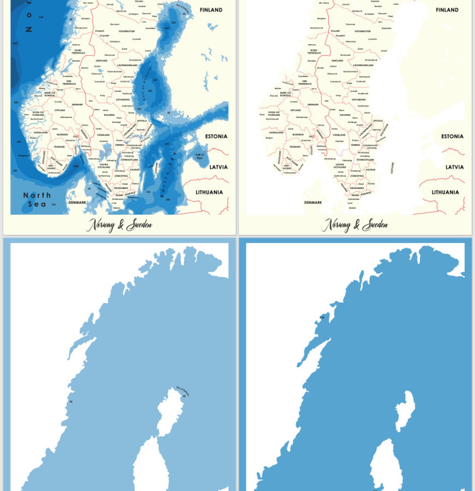 Digital File PDF, SVG - Norway and Sweden Map , Bathymetric Depth ...