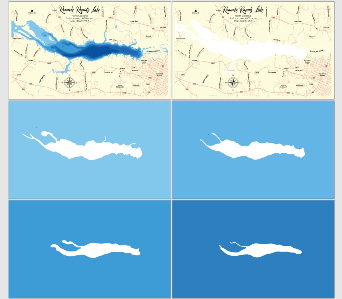 Digital File PDF, SVG - Roanoke Rapids Lake North Carolina, Bathymetric ...