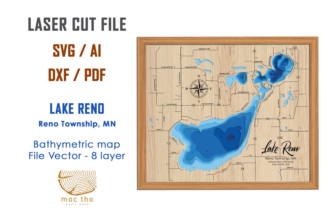 Digital File PDF, SVG Lake Reno Minnesota Bathymetric Depth Layers SVG ...
