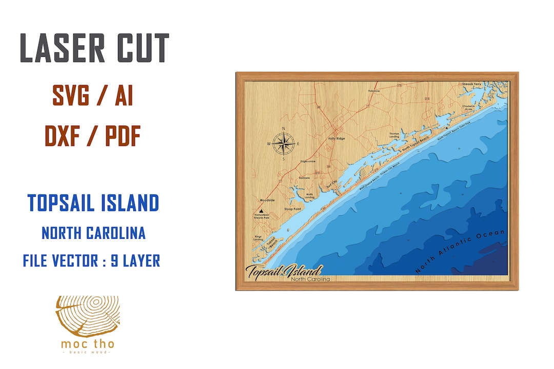 Digital File PDF, SVG - Topsail Island North Carolina, Bathymetric ...