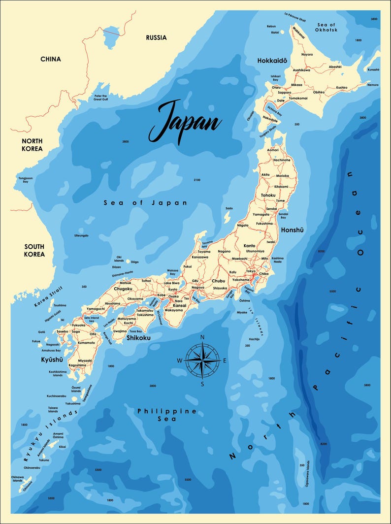 Digital File PDF, SVG - Japan Map Bathymetric Depth Layers File ...