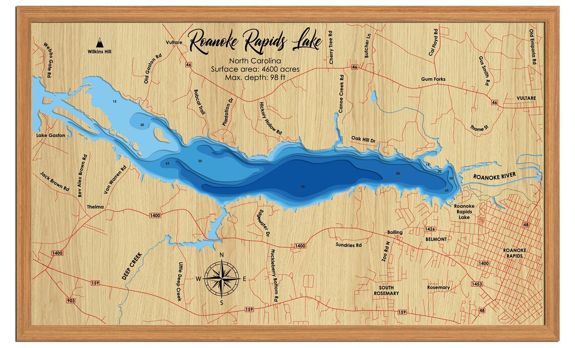 Digital File PDF, SVG - Roanoke Rapids Lake North Carolina, Bathymetric ...