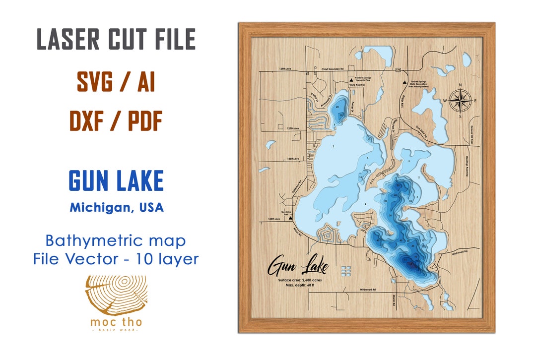 Digital File PDF, SVG - Gun Lake, Michigan Bathymetric Depth Layers SVG ...