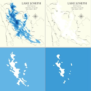 Digital File PDF, SVG Lake Joseph Ontario Map, Bathymetric Depth Layers ...
