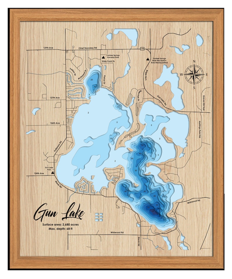 Digital File PDF, SVG - Gun Lake, Michigan Bathymetric Depth Layers SVG ...