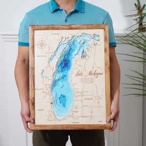 Lake Michigan, United States Custom Map Wood Bathymetric 6 to 10 Layer ...