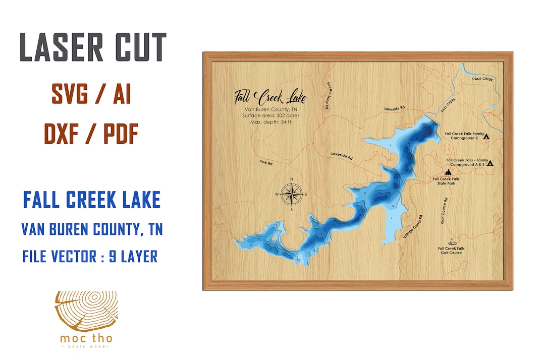 Digital File PDF, SVG - Fall Creek Falls Lake Tennessee Map Bathymetric ...