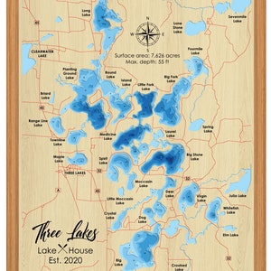 Digital File PDF, SVG - Three Lakes Wisconsin Map Bathymetric Depth ...