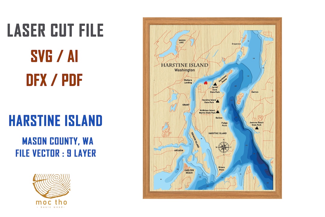Digital File PDF, SVG - Harstine Island Puget Sound Washinton Map ...
