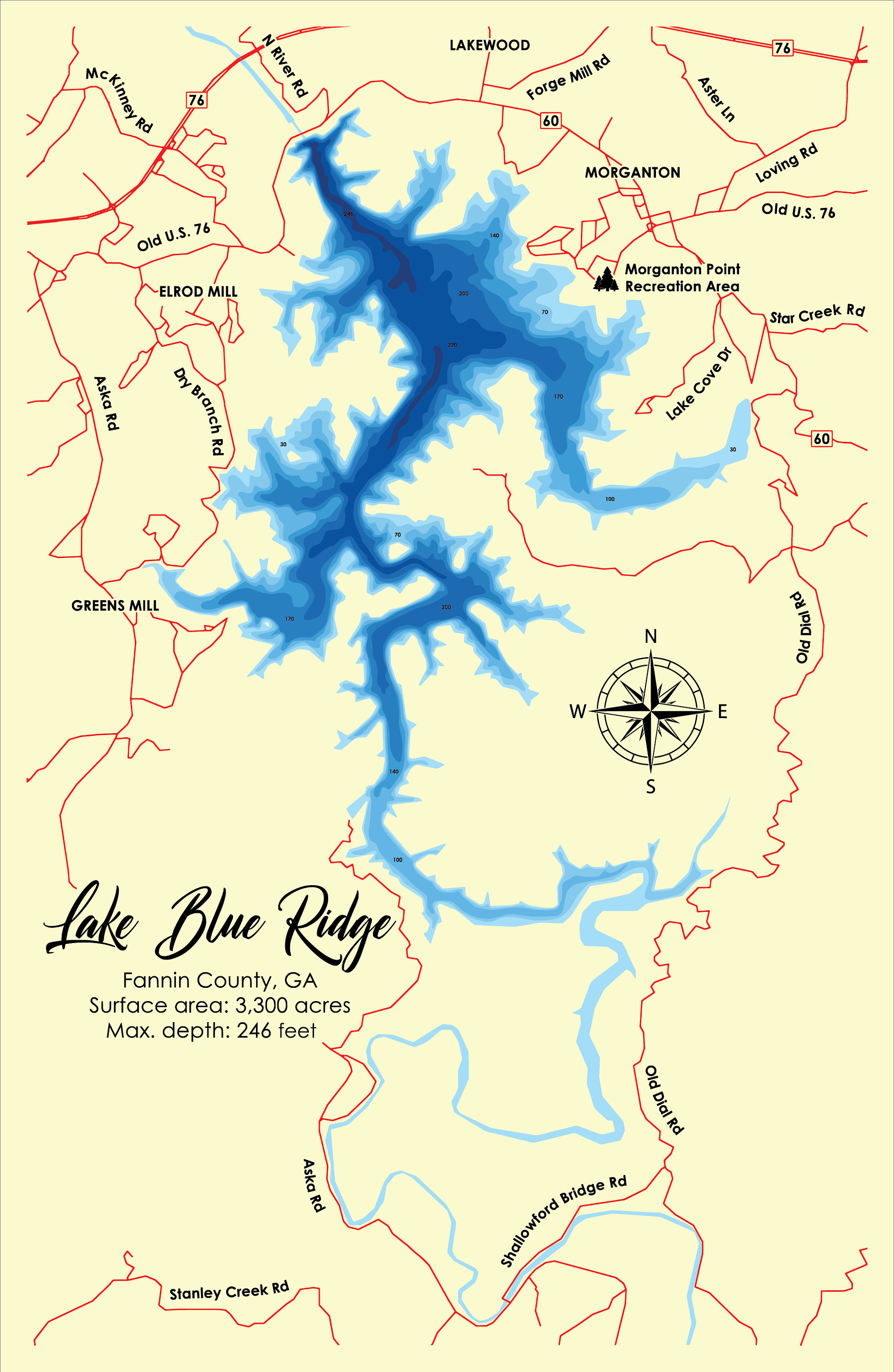Digital File PDF, SVG Blue Ridge Lake Georgia, Bathymetric Depth Layers ...