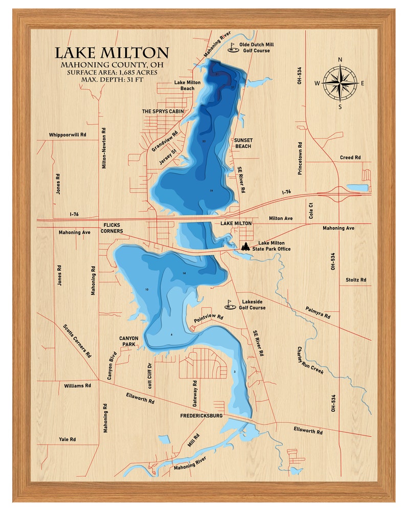 Digital File PDF, SVG - Lake Milton Ohio Map Bathymetric Depth Layers ...