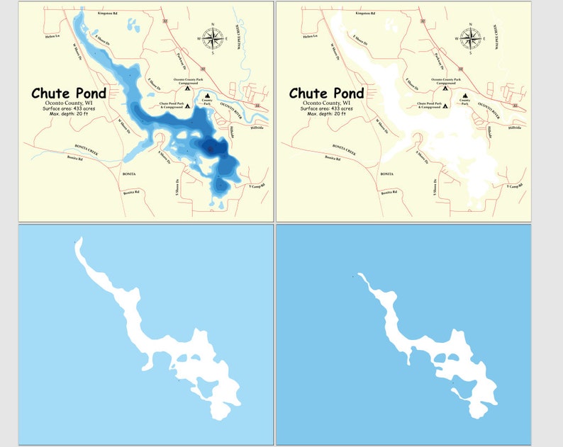 Digital File PDF, SVG - Chute Pond Wisconsin Bathymetric Depth Layers ...