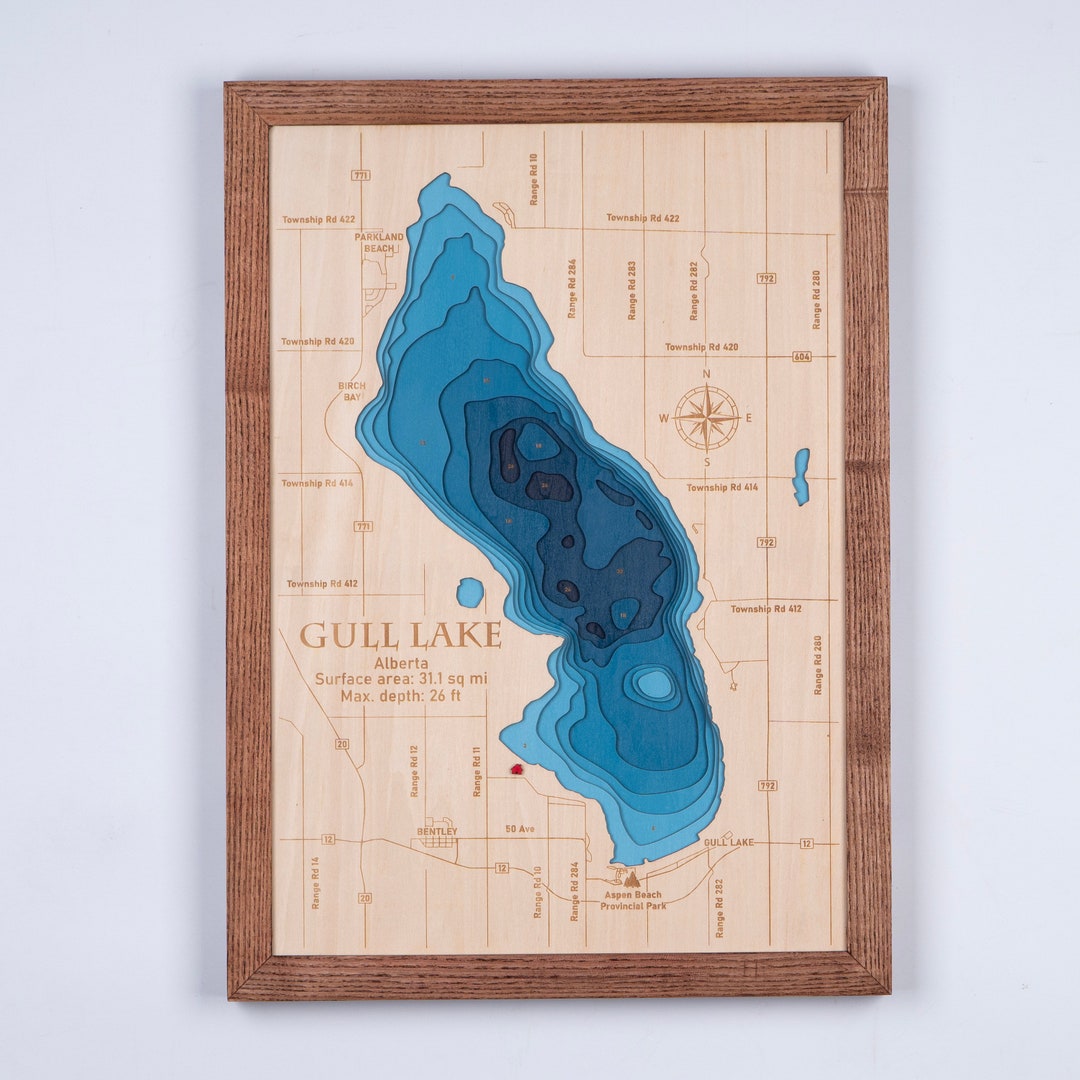 Gull Lake Alberta Wood Map 3D Custom Lake, Island, Coast Map ...
