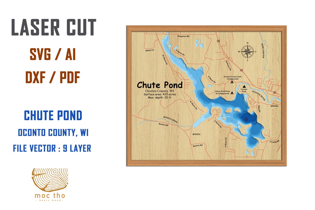 Digital File PDF, SVG - Chute Pond Wisconsin Bathymetric Depth Layers ...