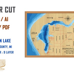 Digital File PDF, SVG - Hamlin Lake Michigan Map Bathymetric Depth ...