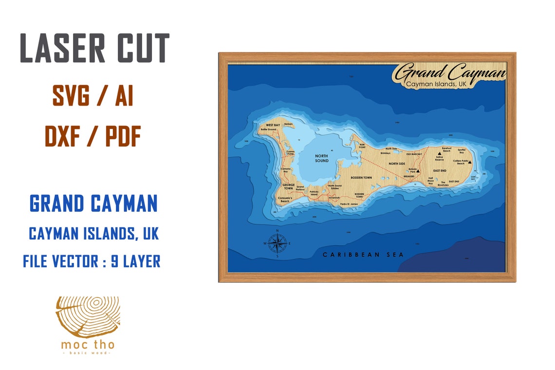 Digital File PDF, SVG - Grand Cayman, Cayman Islands Map Bathymetric ...