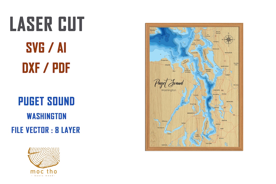 Digital File PDF, SVG - Puget Sound, Bathymetric Depth Layers SVG File ...