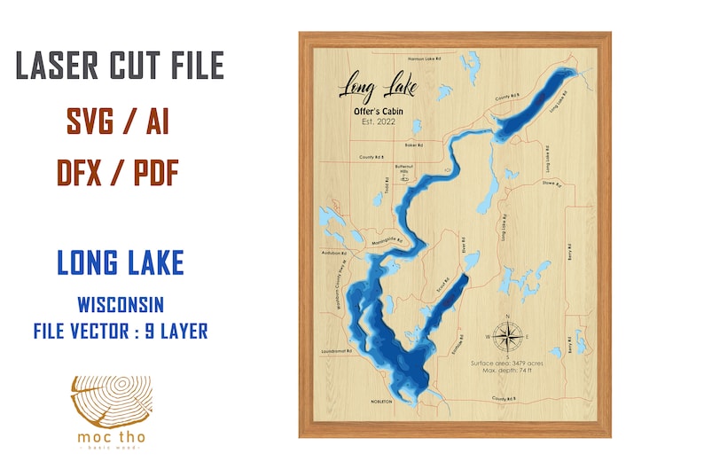 Digital File PDF, SVG - Long Lake Wisconsin Map Bathymetric Depth ...