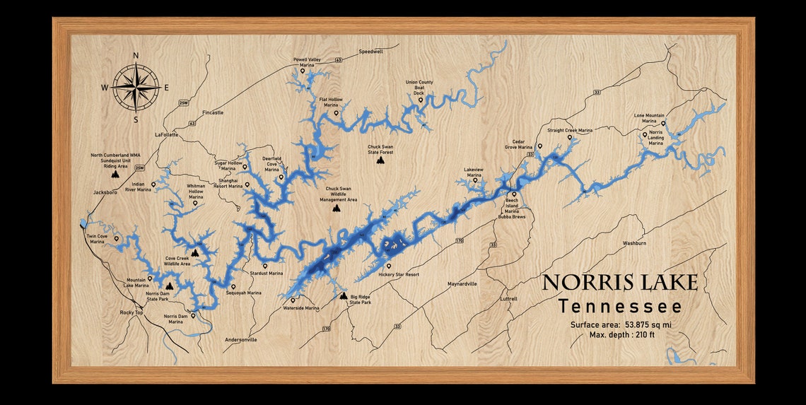Digital File PDF, SVG - Norris Lake Tennessee Map Bathymetric Depth ...