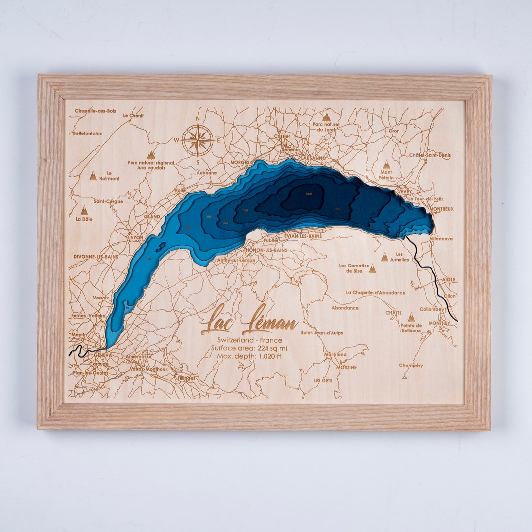 Lake Geneva Lac Léman Wood Map 3D Custom Lake, Island, Coast Map ...