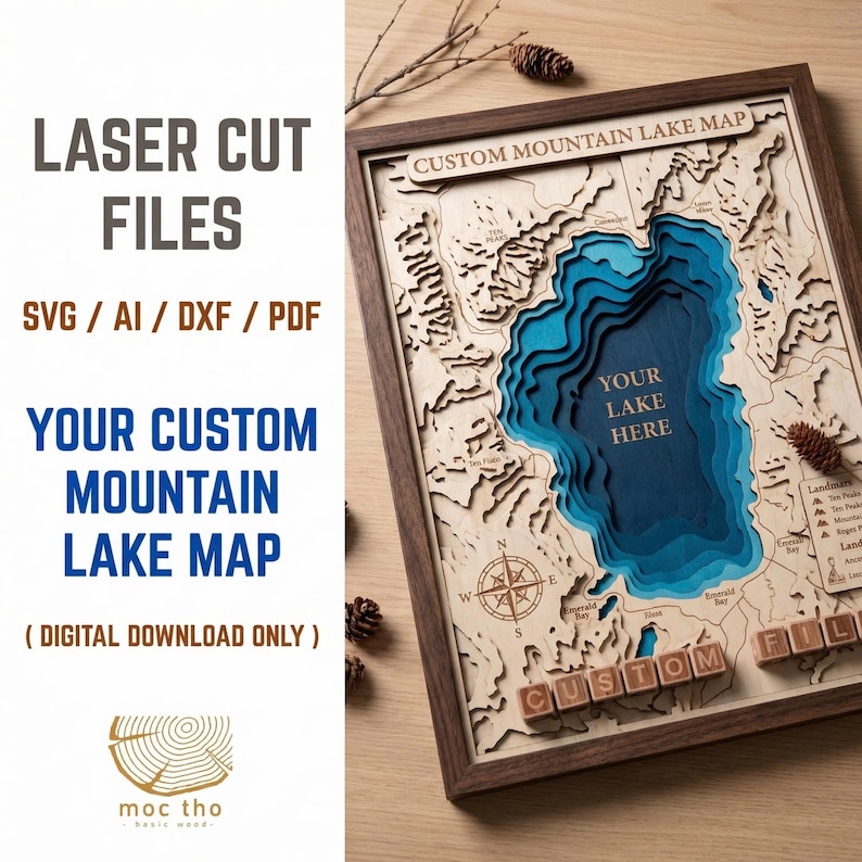 Digital File DXF AI SVG - Custom Lake & Mountain Layered Map ...