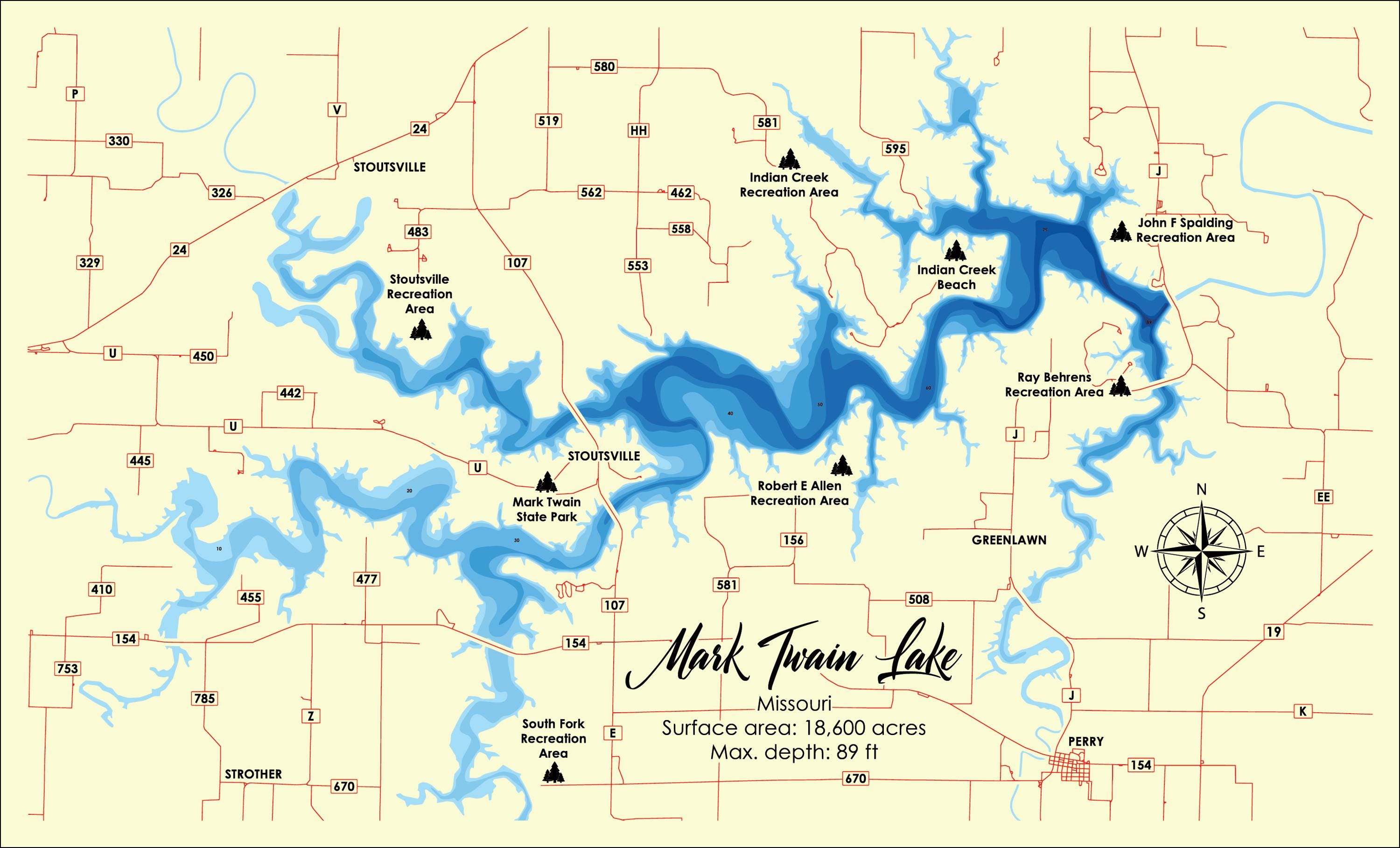 Digital File PDF, SVG - Mark Twain Lake, Missouri Bathymetric Depth ...