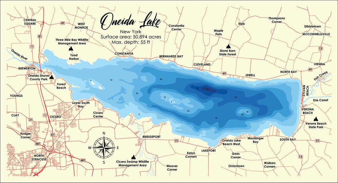 Digital File PDF, SVG - Oneida Lake, New York Map, Bathymetric Depth ...