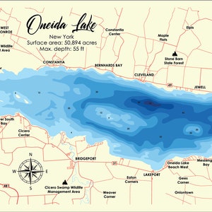 Digital File PDF, SVG - Oneida Lake, New York Map, Bathymetric Depth ...