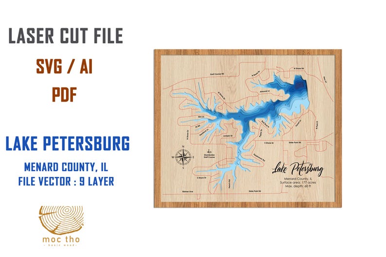 Digital File PDF, SVG - Lake Petersburg Illinois Bathymetric Depth ...