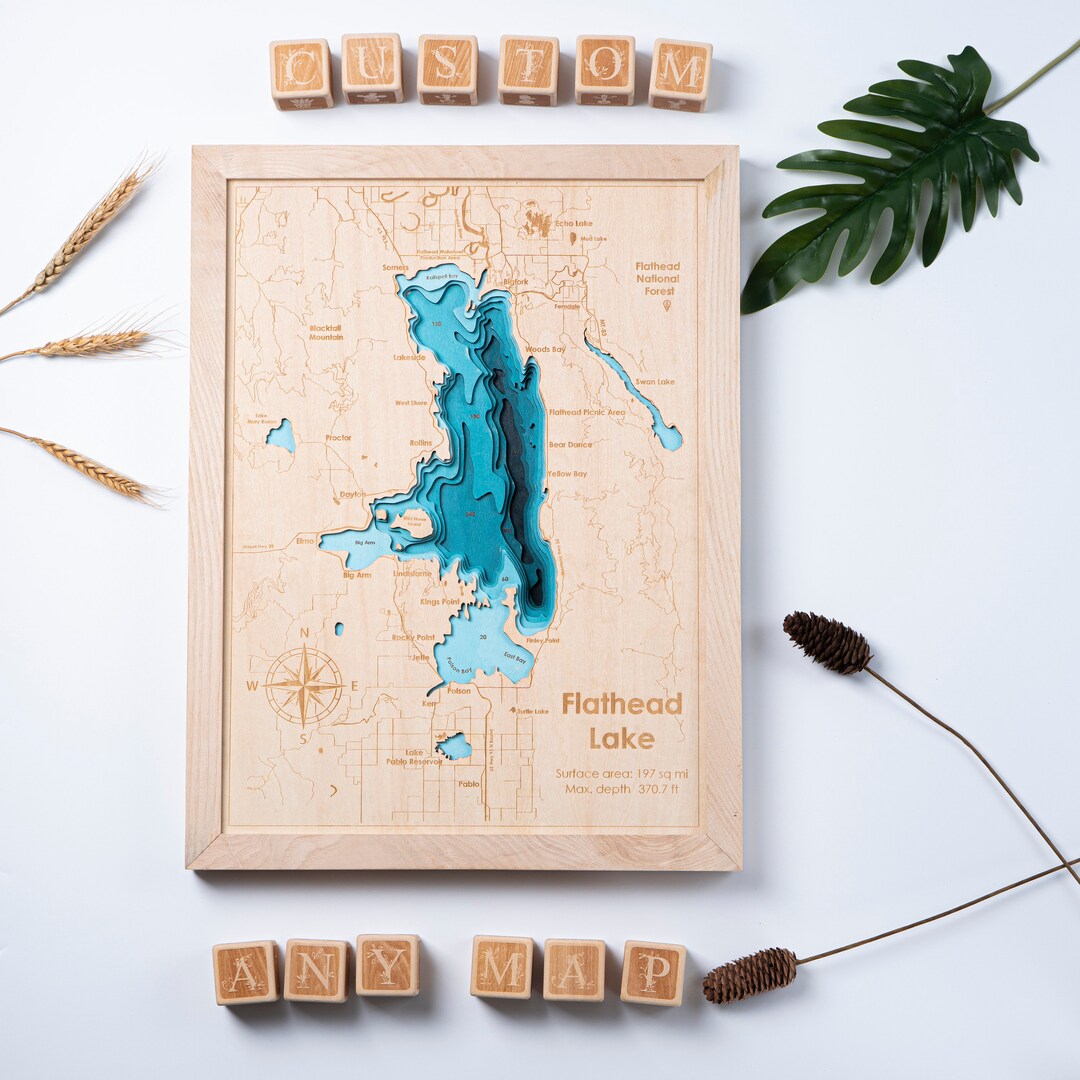 Flathead Lake Wood, Montana 8 Layer - Custom Map Wood Bathymatric Map ...
