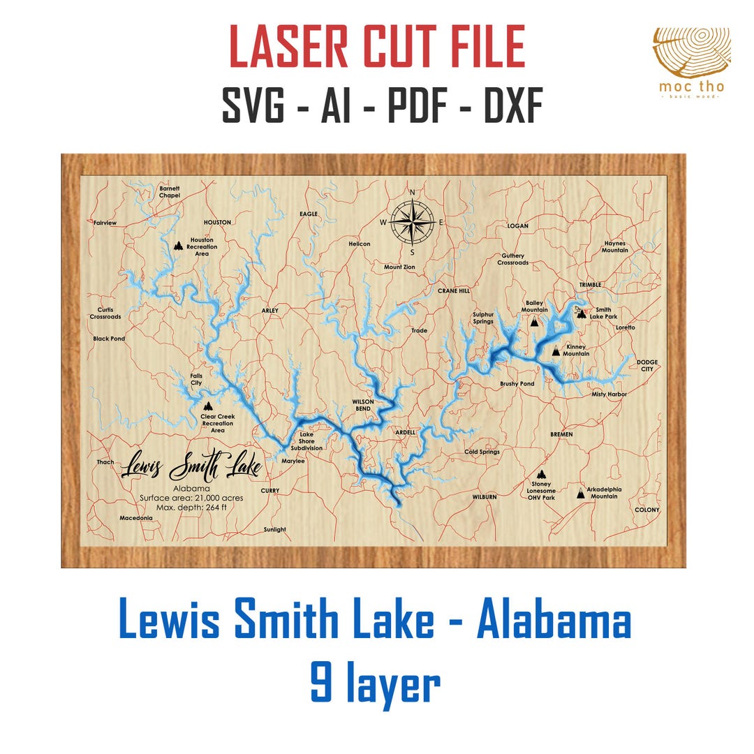 Digital File PDF, SVG - Lewis Smith Lake Alabama Bathymetric Depth ...