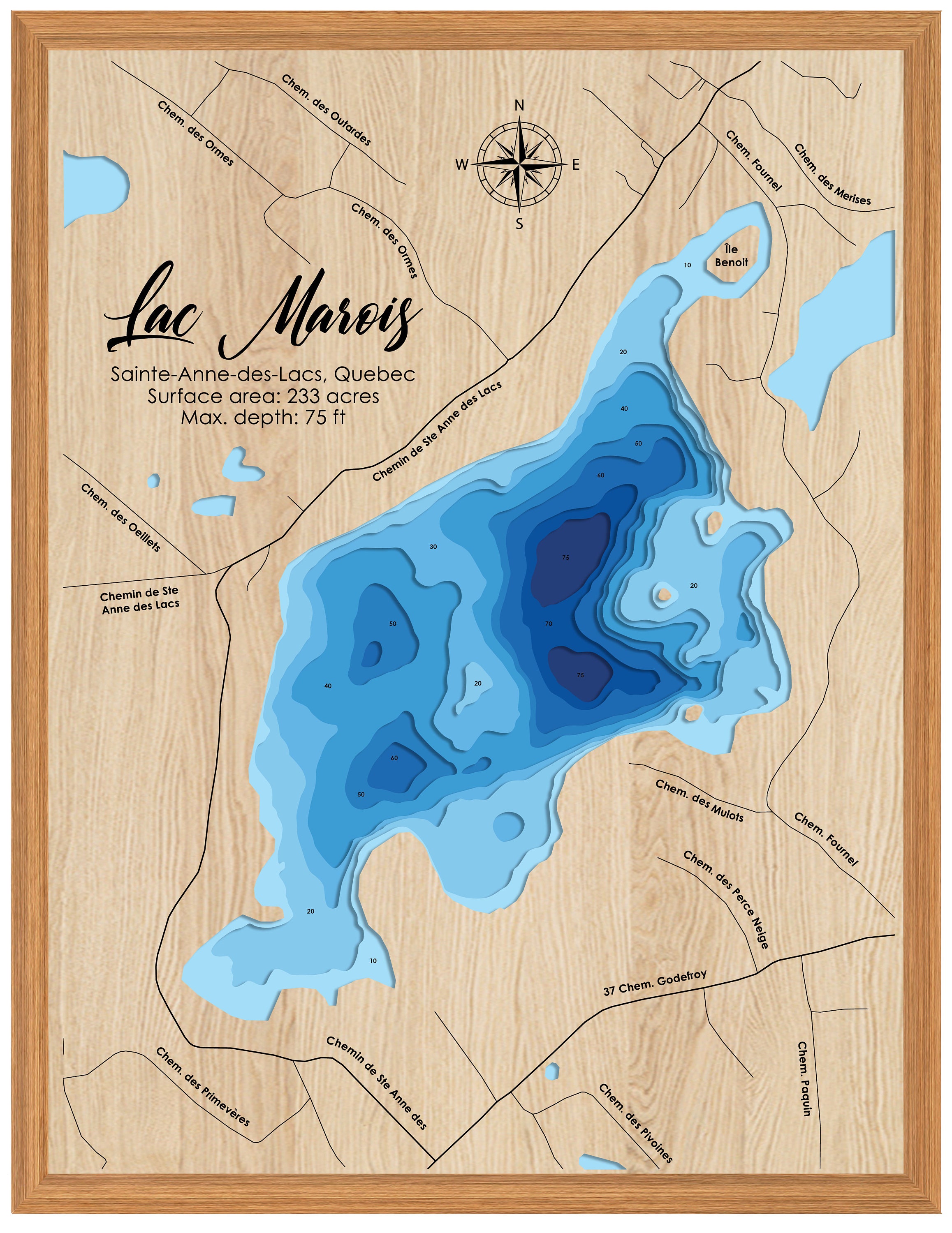 Digital File PDF, SVG - Lac Marois Quebec Map Bathymetric Depth Layers ...