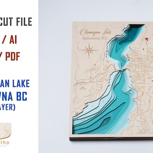 Digital File PDF, SVG - Okanagan Lake Kelowna City Map Bathymetric ...