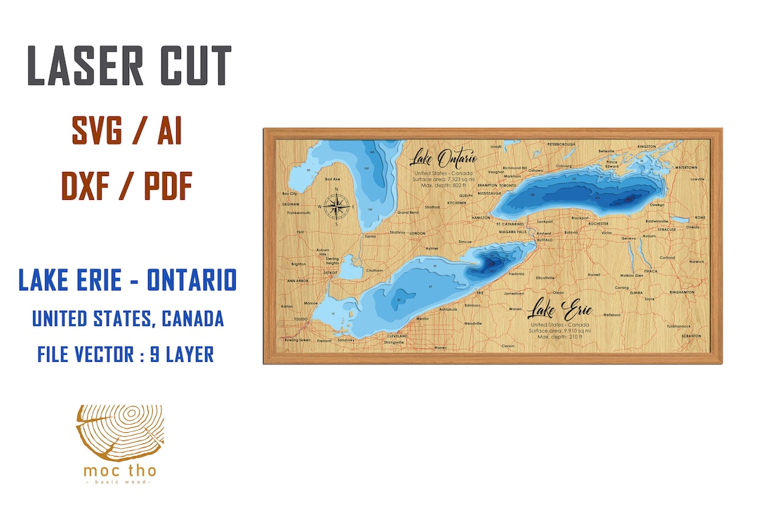 Digital File PDF, SVG - Lake Erie and Lake Ontario Bathymetric Depth ...