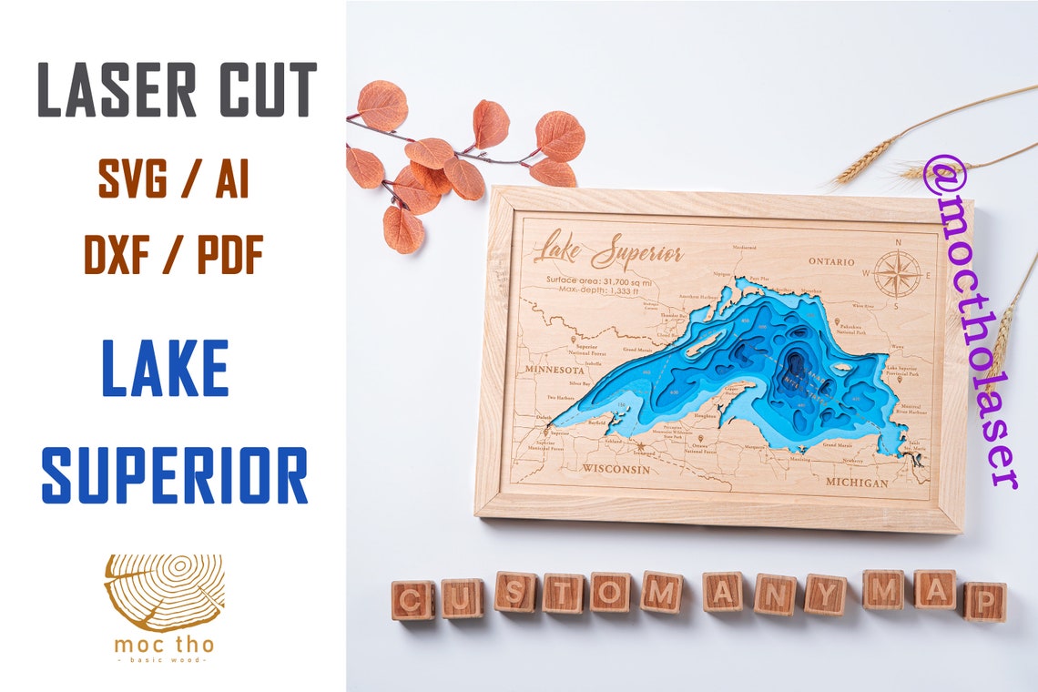 Digital File DXF, AI, SVG - Lake Superior Map Wood Bathymetric Map ...