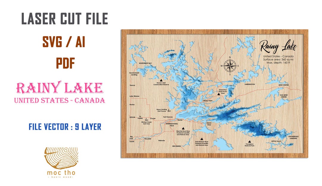 Digital File PDF, SVG - Rainy Lake Map, Bathymetric Depth Layers SVG ...