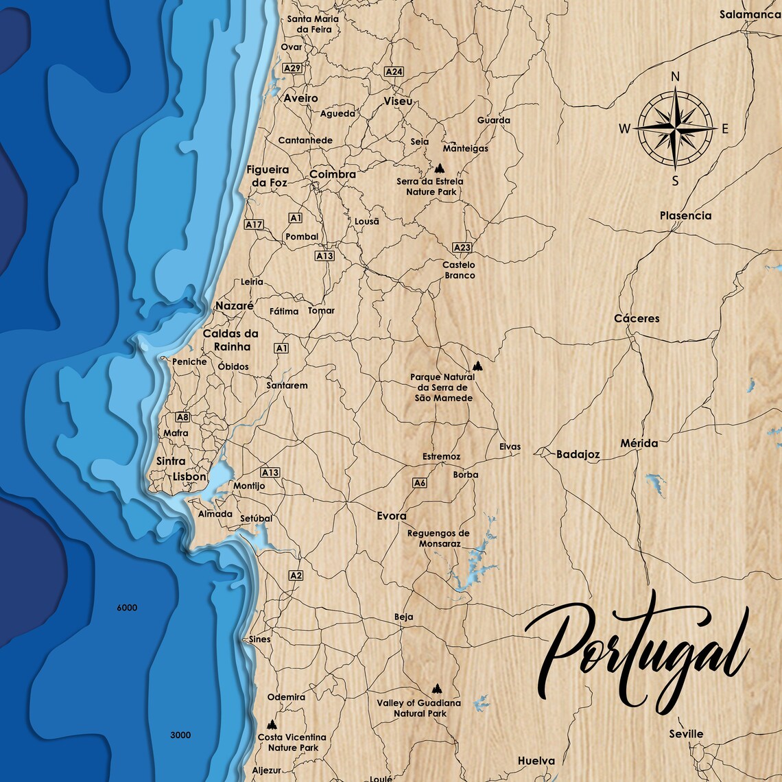 Digital File PDF, SVG - Portugal 3d Map, Bathymetric Depth Layers SVG ...