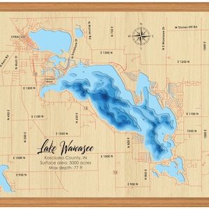 Digital File PDF, SVG - Lake Wawasee Indiana Map Bathymetric Depth ...