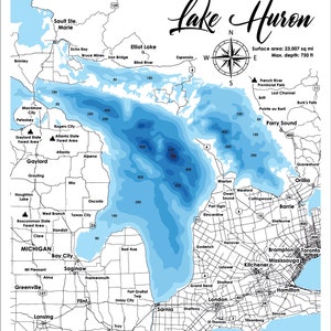 Digital File DXF, AI, SVG - Lake Huron Map Wood Bathymetric Map ...