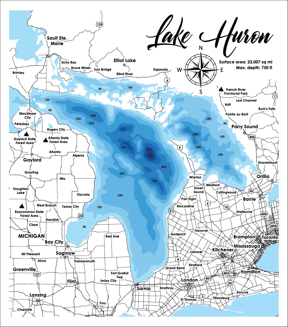 Digital File Dxf Ai Svg Lake Huron Map Wood Bathymetric Etsy Canada