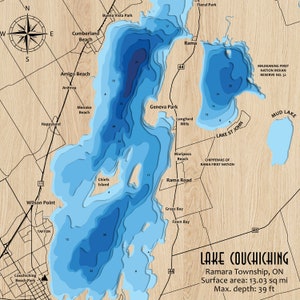 Digital File PDF, SVG - Lake Couchiching Ontario Map Bathymetric Depth ...