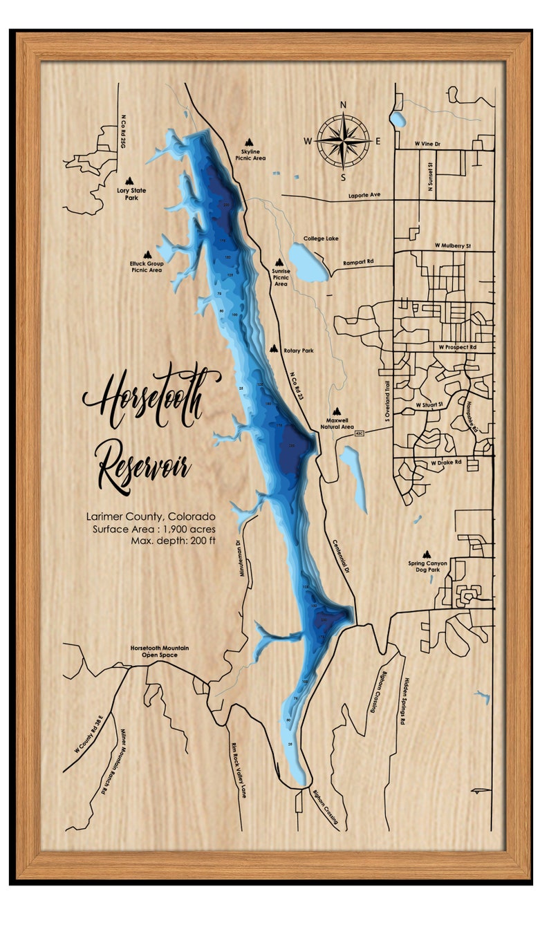 Digital File PDF, SVG - Horsetooth Reservoir Colorado Bathymetric Depth ...