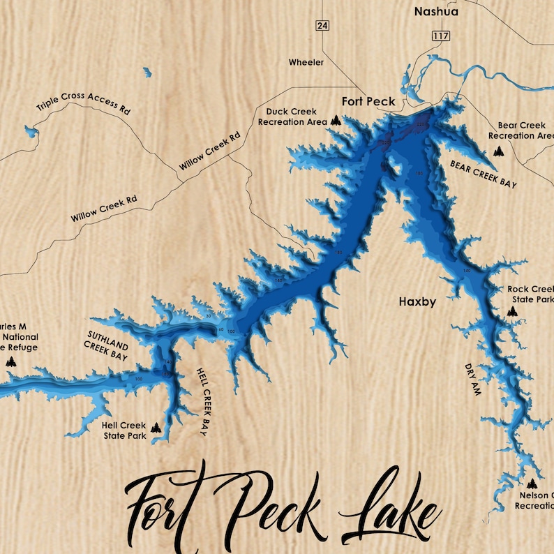 Digital File PDF, SVG - Fort Peck Lake Montana Bathymetric Depth Layers ...